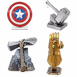 Metal Earth Fascinations 3D Metal Model Kits Set of 4 Marvel Avengers - Infinity Gauntlet - Stormbreaker - Thor Hammer - Captain America Shield