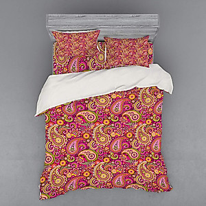 Ambesonne Paisley Bedding Set, Vivid Design with Flowers Dots Leaves and Ornamental Patterns Artwork Print, 4 Piece Duvet Cover Set with Shams and Fitted Sheet, Queen Size, Multicolor