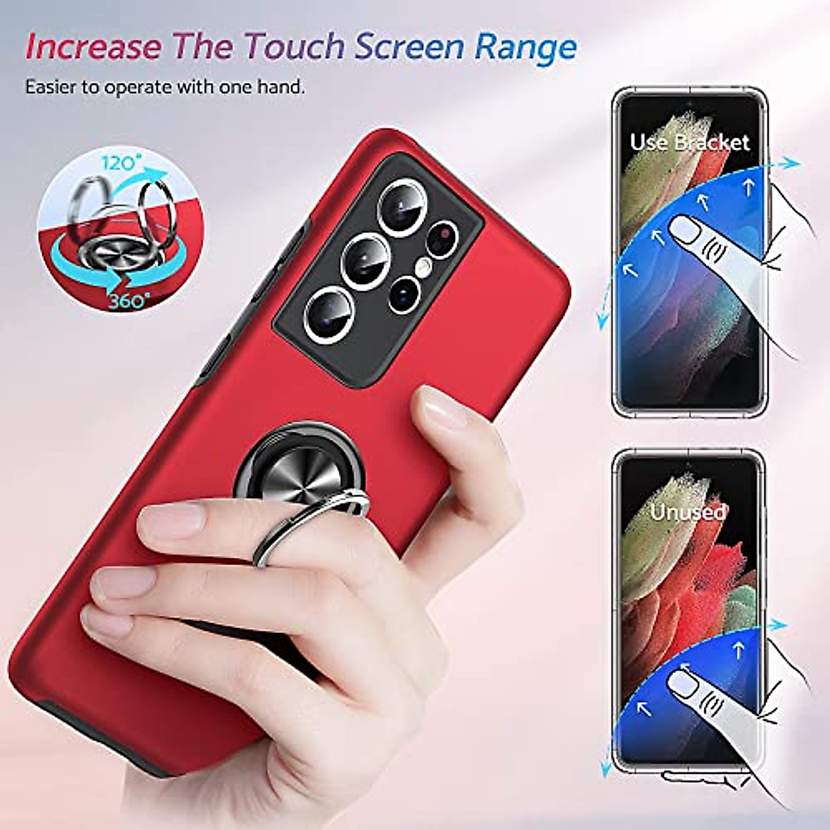 Anqrp Shockproof for Galaxy S21 Ultra Case 5G, [Heat Dissipation] [No Fall-Off Kickstand] 360°Metal Ring Military Grade Protection Phone Case with Samsung Galaxy S21 Ultra 6.8 Inch, Red