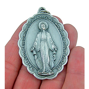 Devotional Gifts and Medals Silver Toned Our Lady of Grace Miraculous Medal with Scallop Border, 2 1/4 Inch