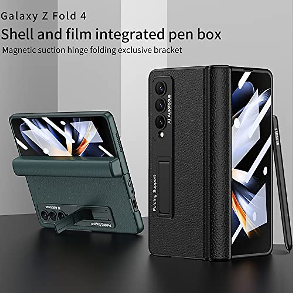BRAND SET 𝐙 𝐅𝐨𝐥𝐝 𝟒 𝐂𝐚𝐬𝐞, Plain Leather Material Galaxy Z Fold 4 Case with S Pen Holder and Kickstand, All-Inclusive Hinged Phone Case&Cover Suitable for Samsung Galaxy Fold 4 Series(txw)