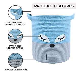 Erumly Cute Cotton Rope Basket, Storage Basket, Baby Laundry Basket, Nursery Organizers and Storage, Baby Hamper, Kids Basket, Toy Bin, Dog Cat Toy Baskets, Baby Gift Basket | 13.7 x 13.7 (Blue)