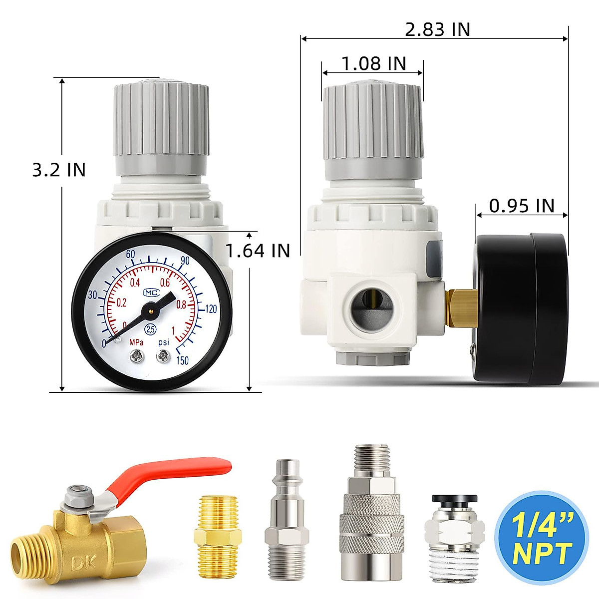 MEANLIN MEASURE 1/4 Inch NPT Air Compressor Regulator with Gauge, 0-150 PSI AR2000 Air Gauge Regulator Inline for Air Compressor and Pneumatic Tools