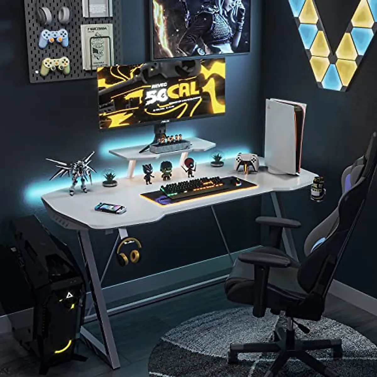 MOTPK White Gaming Desk with LED Lights, Gaming Table Desk 47 inch Z Shaped, Gamer Desk Ergonomic Sturdy, Kids Computer Desk with Monitor Stand Cup Holder and Headphone Hook, Black, Gift Idea