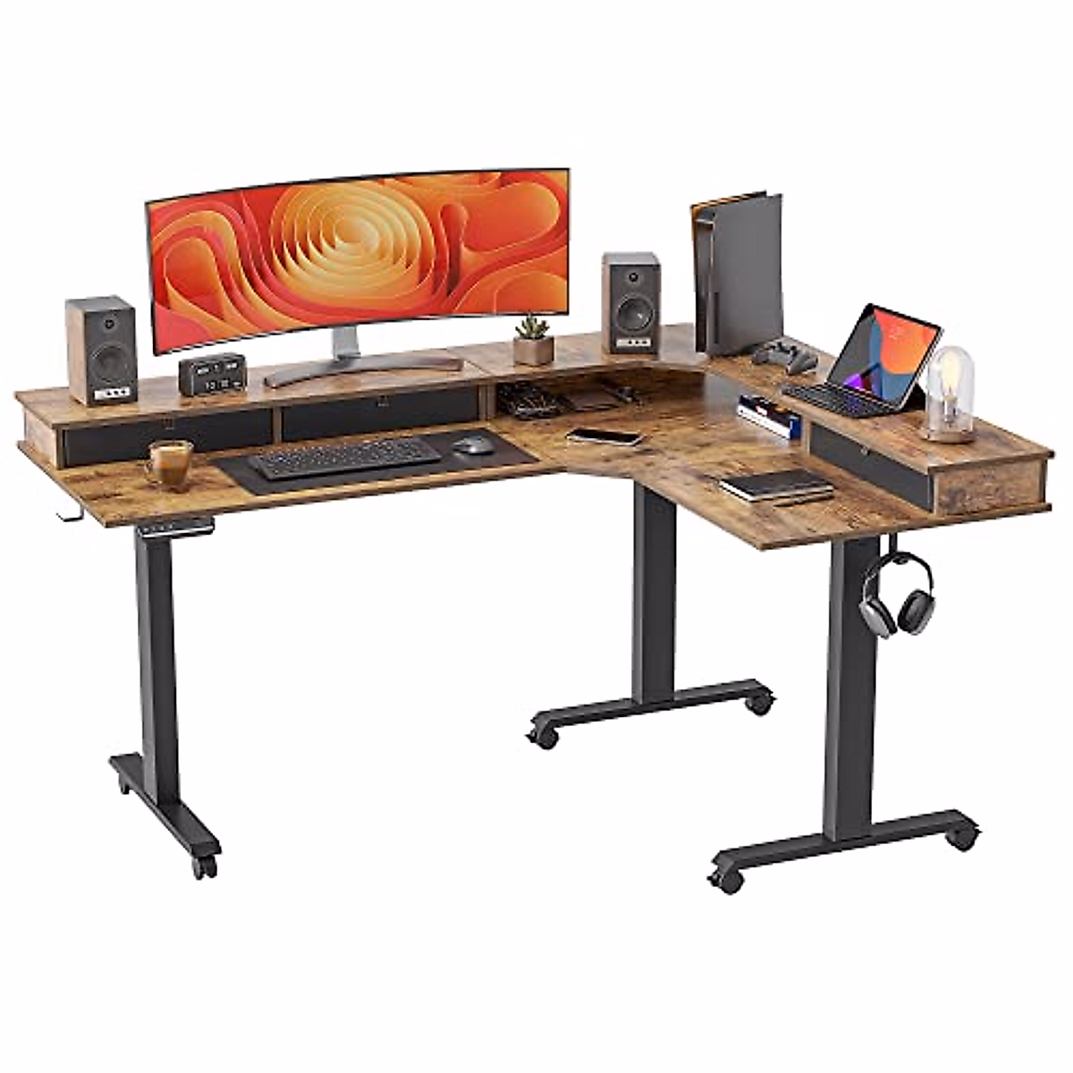 FEZIBO Triple Motor 63" L Shaped Standing Desk with 3 Drawers, Electric Standing Desk Adjustable Height, Corner Stand up Desk with Splice Board - Rustic Brown