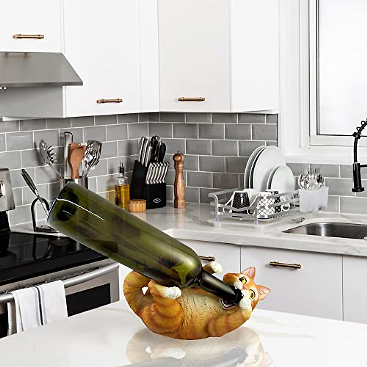 World of Wonders Orange Tabby Cat Decorative Wine Bottle Holder | Wine Bottle Holder for Cabinet | Cat Mom Wine Accessories | Cat Statues Resin Table Top Wine Holders - 9"