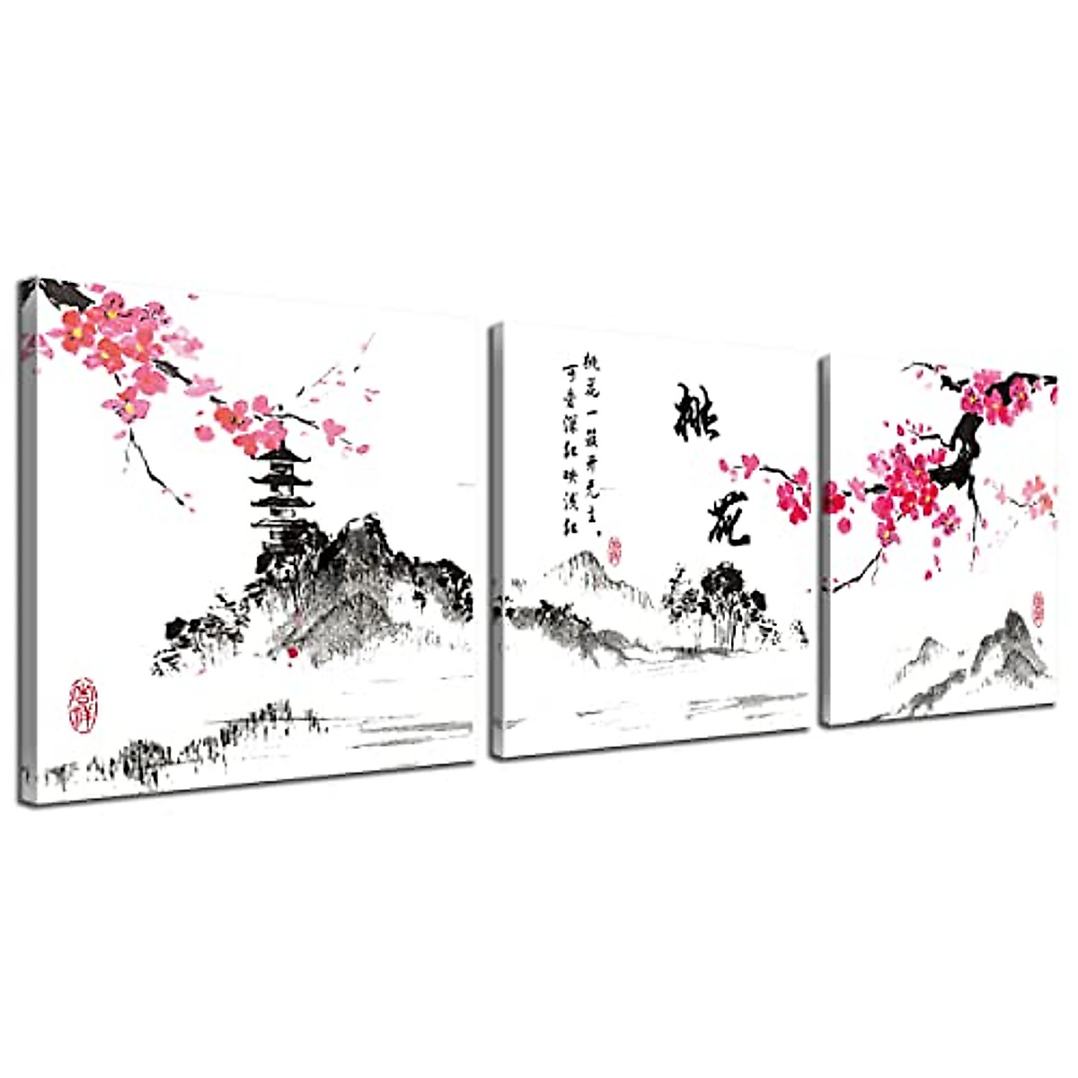 NAN Wind Small Size Traditional Chinese Painting of Peach Blossom Canvas Prints 3 Panels Calligraphy Art Paintings Wall Art Poem Print Painting Framed 12x12inches 3pcs/set