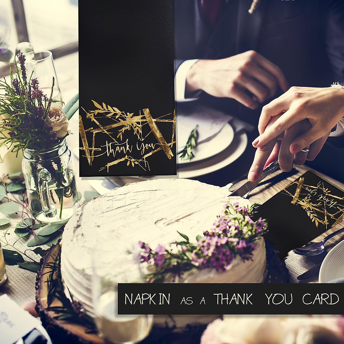 Black and Gold Napkins for Wedding Reception, Soft and Absorbent Fancy Paper Napkins for Party 50-Pack, Disposable Dinner Napkins, Thank You Napkins, 3-Ply Fold, 12" x 17", Thick 55gsm