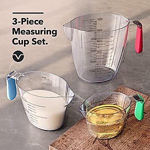 Vremi 3 Piece Plastic Measuring Cups Set - BPA Free Liquid Nesting Stackable Measuring Cups with Spout and Decorative Red Blue and Green Handles - includes 1, 2 and 4 Cup with Ml and Oz Measurement
