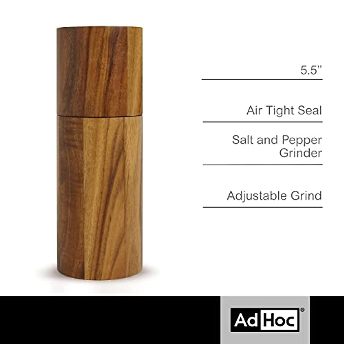 Adhoc Acacia Wood Salt or Pepper Mill - Wood Salt & Pepper Grinders with an Aroma Cap - Refillable Spice Tools - Hand Wash Kitchen Gadget - Brown, 5.5"