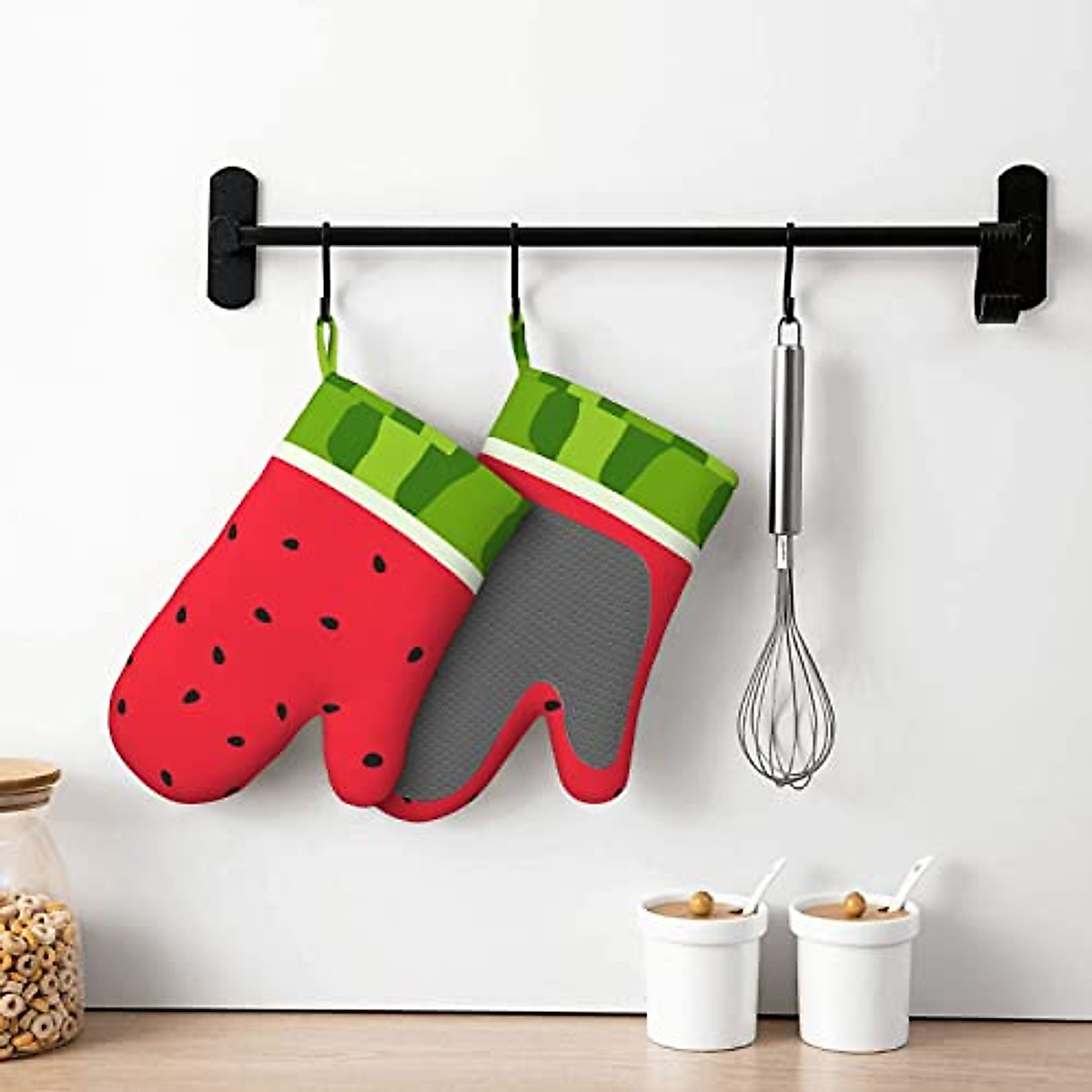 1 Pair Thickened Cartoon Watermelon Kitchen Silicone Oven Mitts, Summer Fruit Waterproof Polyester Pot Holder Gloves for Grilling Microwave