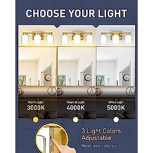 kudos LED Light Fixtures, 12 Inch Gold Flush Mount Ceiling Light Fixture and Brushed Gold Vanity Lights for Mirror, KDCL06-GD, KDVL04-GD-3