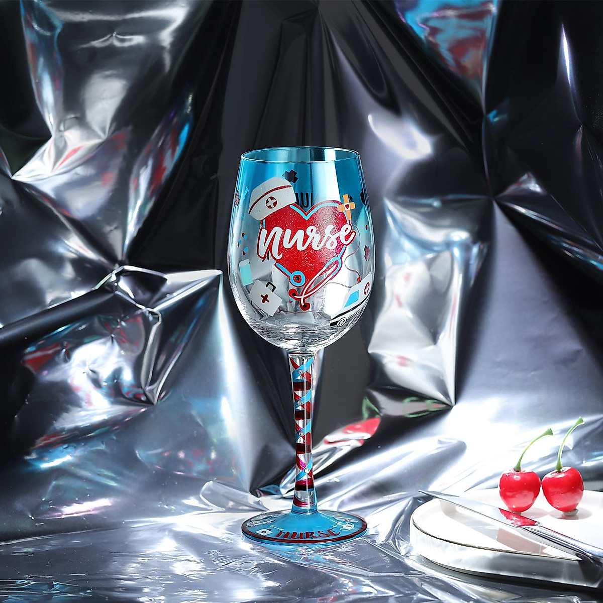 NymphFable Nurse Gifts Hand painted Wine Glass Artisan Painted Glass 15oz for Nurse Nursing Student Gifts for Her