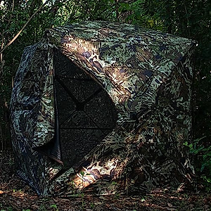 HUNT MONSTER Hunting Blind 2-3 Person with Tri-Leg Hunting Stool, 270 Degree See Through Pop up Ground Blinds for Deer Turkey Duck Hunting, Bow Hunting Adjust Windows with Silent Zipper