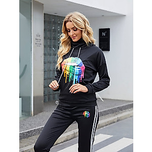 Angsuttc Womens Casual 2 Piece Outfits Lip Print Long Sleeve Pullover Sweatshirt Jogging Pants Tracksuits Set Black L