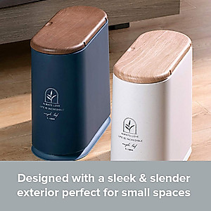 3.2Gal/12.1L Oval Slim Trash Can - Nordic Style Garbage Can with Lid - Blue Plastic Trash Can w/ Press Top Wood Grain Lid - Space Saving Kitchen Trash Can w/ Double Barrel Removable Plastic Bin Liner
