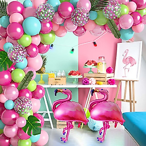 142Pcs Tropical Flamingo Balloons Garland Arch Kit, 40" Flamingo Balloons Hot Pink Green Confetti Balloons Palm Leaves for Hawaii Luau Aloha Flamingo Birthday Party Baby Shower Wedding Decorations