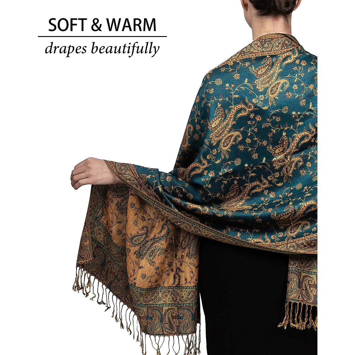 Achillea Soft Silky Reversible Paisley Pashmina Shawl Wrap Scarf w/Fringes (Dark Seagreen)