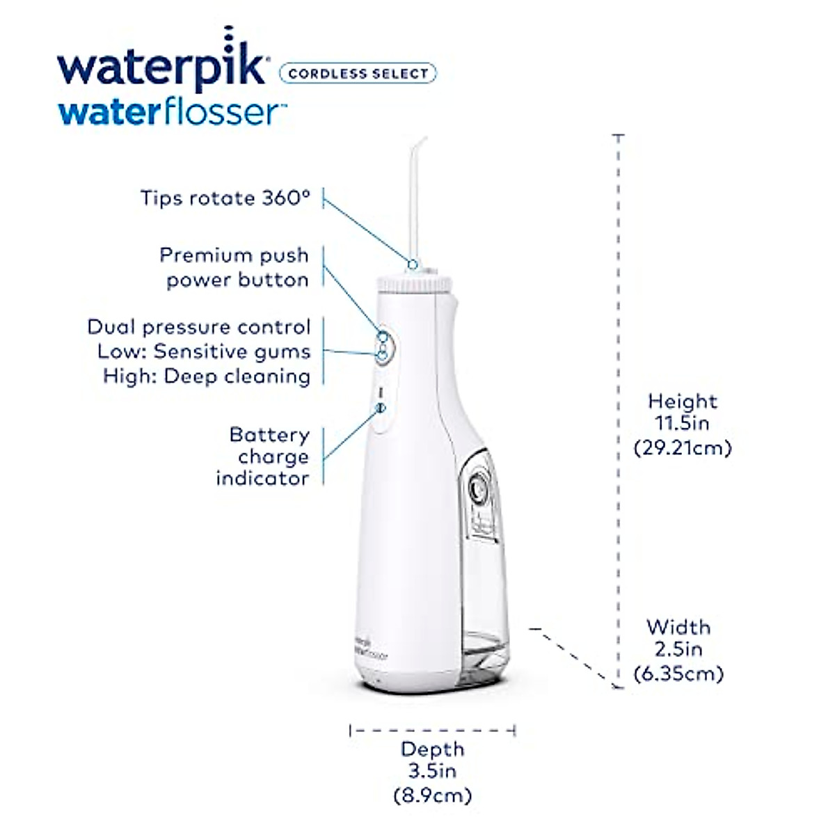 Waterpik Cordless Select Water Flosser, Portable and USB Rechargeable Waterproof Water Flosser for Home and Travel, Braces & Bridges Care for Teeth, ADA Accepted, White WF-10W10