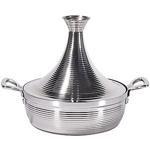 Moroccan Tagine Cooking Pot,Stainless Steel Non Stick Moroccan Casserole with 2 Handles,Large Moroccan Cooker Handmade Tagine Pot with Cone-Shaped Lid(23cm, Silver)