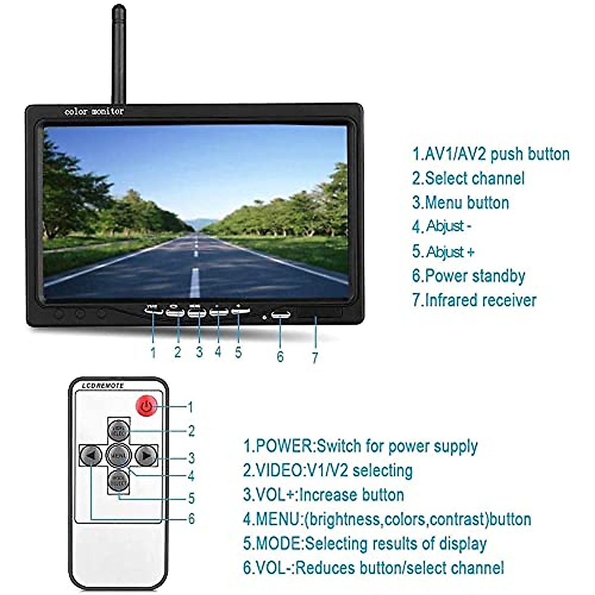 OiLiehu Wireless Backup Camera and Monitor Kit, 7 inch HD LCD Monitor with Antenna, 2 x Wireless Rear View Camera, IP67, Night Version, 12-24 V, Suitable for Buses, SUVs, Trucks, Trailers