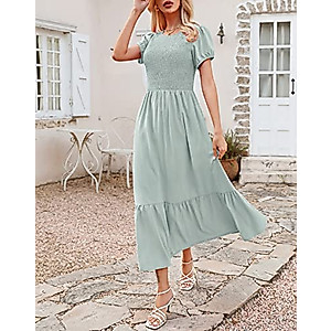 Annebouti 2023 Women's Summer Puff Short Sleeve Dress Modest Flowy A Line Ruffle Tiered Long Casual Smocked Maxi Dress with Pockets Solid Light Green S