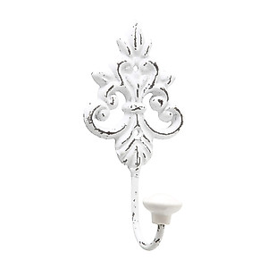 WHW Whole House Worlds Chateaux Fleur De Lis Wall Hooks, Set of 4, Shabby Distressed Finish, French Country Style,Rustic White, Cast Iron, Vintage Inspired, Porcelain Caps, Each 6 3/4