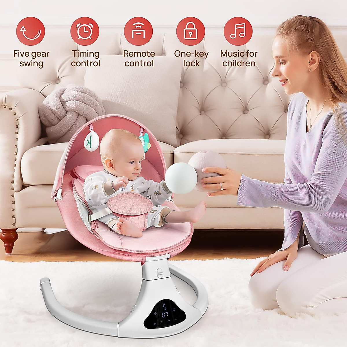 Baby Swing for Infants,Electric Portable Swing for Baby Boy Girl,Remote Control Indoor Baby Rocker with 5 Sway Speeds,3 Timer Settings,12 Music and Bluetooth.(Pink)