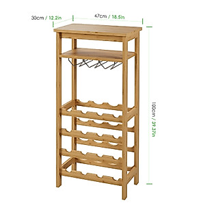 Bamboo Wine Rack, Wine Rack Freestanding Floor with Glass Holder Rack, Tabletop & 16 Bottles Holder, Wine Display Storage Stand for Kitchen, Office, Bar