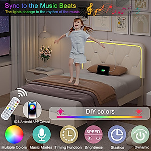 VECELO Upholstered Twin Bed Frame with Headboard Adjustable, Velvet Platform Bed with LED Lights, Charging Station, Mattress Foundation with Wooden Slats, Noise Free, No Box Spring Needed, Beige