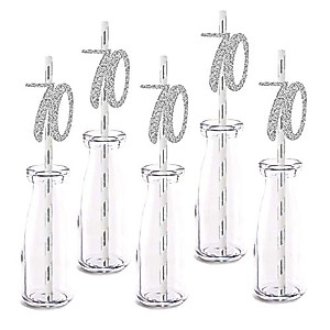 Silver Happy 70th Birthday Straw Decor, Silver Glitter 24pcs Cut-Out Number 70 Party Drinking Decorative Straws, Supplies