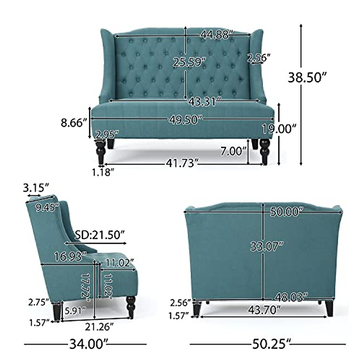 Christopher Knight Home Leora Traditional Tufted Velvet Wingback Loveseat, Dark Teal / Dark Brown