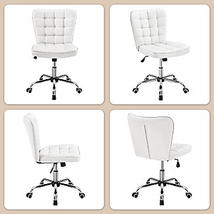 Yaheetech Armless Desk Chair Modern Tufted Office Chair Faux Leather Upholstered Computer Chair with Adjustable Seat Height and Rolling Wheels for Home/Office, White