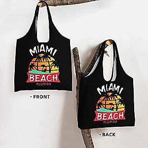 Miami Beach Florida Canvas Shoulder Tote Bags Reusable Handbags Shopping Bag For Daily Women Or Men