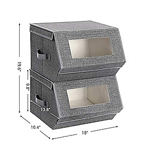 SONGMICS Stackable Storage Bins Set of 2, Fabric Storage Boxes with Lids, Storage Cubes with Magnetic Closures, Front Windows, Lids Can Stay Open after Stacking, Dark Gray URPLB02G