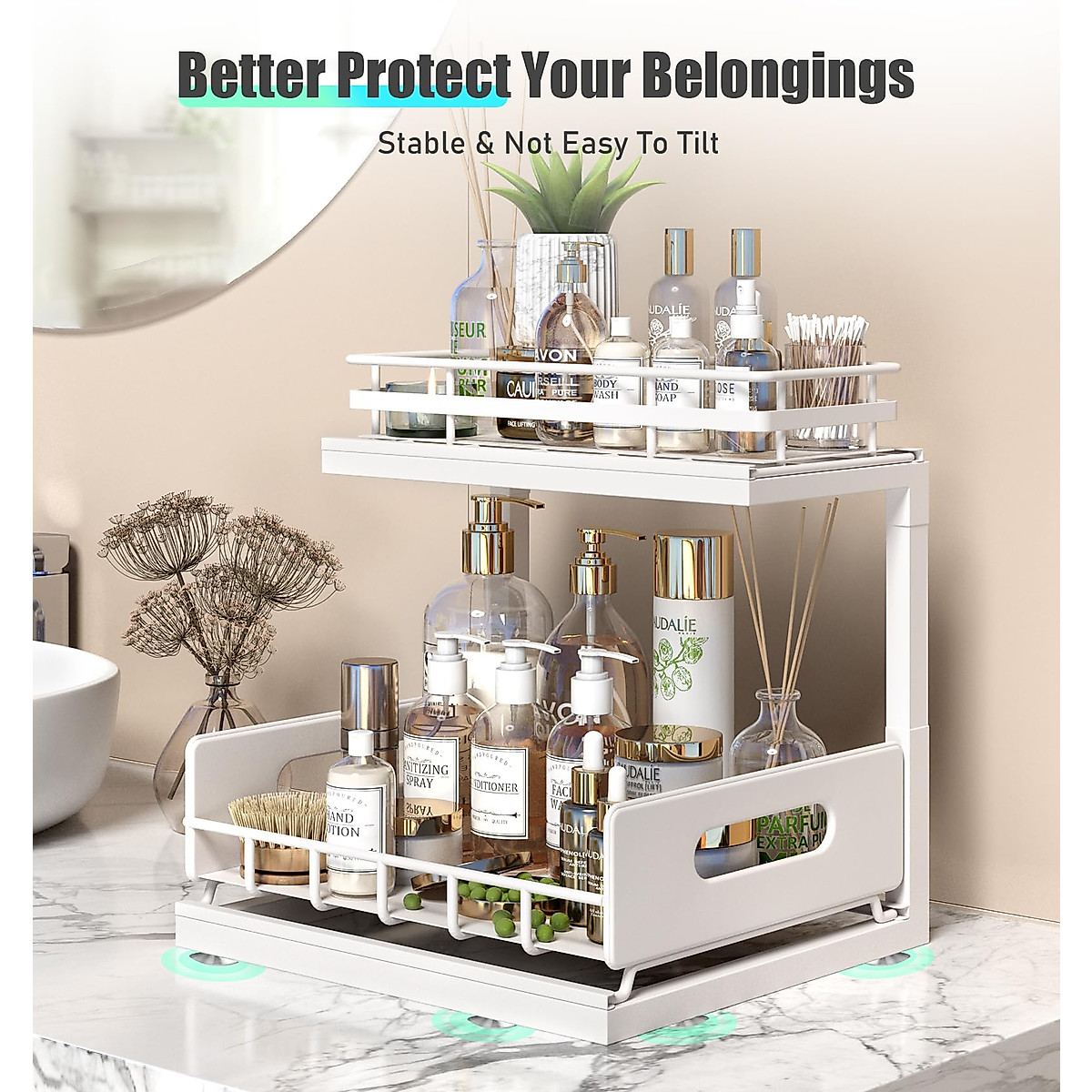 Biboraya 2 Pack Under Sink Organizers And Storage Height Adjustable,2-Tier Under Cabinet Pull Out Shelf,Multi-Use Slide Out Drawer For Kitchen Bathroom Laundry Room-White(Patent Pending)