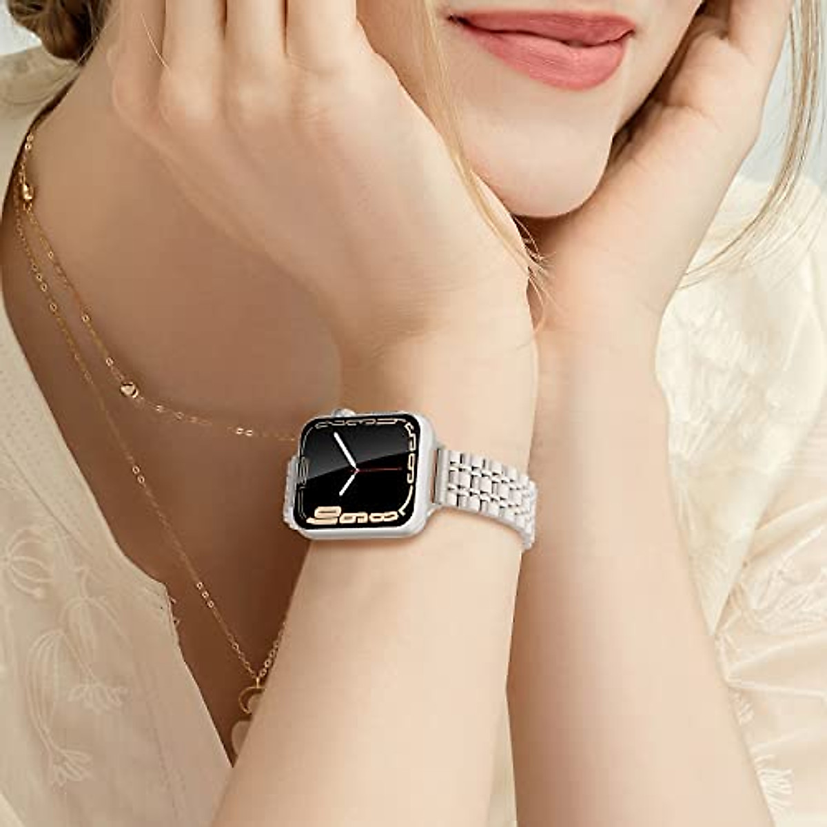 Aicumuza Slim Metal Watch Bands Compatible With Apple Watch 41mm 40mm 38mm, Starlight Thin Stainless Steel Chain Link for Women iWatch Series 8, Series 7/SE/Ultra/6/5/4/3/2/1 (38/40/41mm, Starlight)