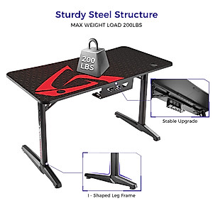 It's_Organized 47 inch Gaming Desk Racing Style Computer Desk with Free Mouse pad, T-Shaped Professional Gamer Game Station with USB Gaming Handle Rack, Cup Holder & Headphone Hook,Black