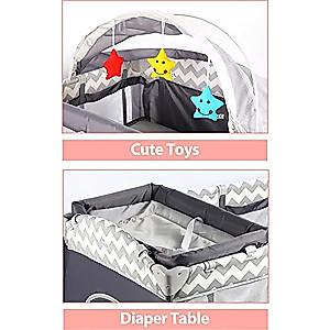 SoQte Foldable Luxury Nursery Baby Center, Multi Functional Movable Bed with Removable Diaper Table, Bed Net, Lovely Toys, Storage Bag, Portable Travel Crib with Wheels