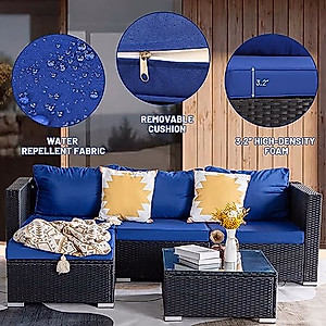 PAOLFOX 5 Piece Modern Patio Conversation Sets, Wicker Patio Furniture, Black/Blue