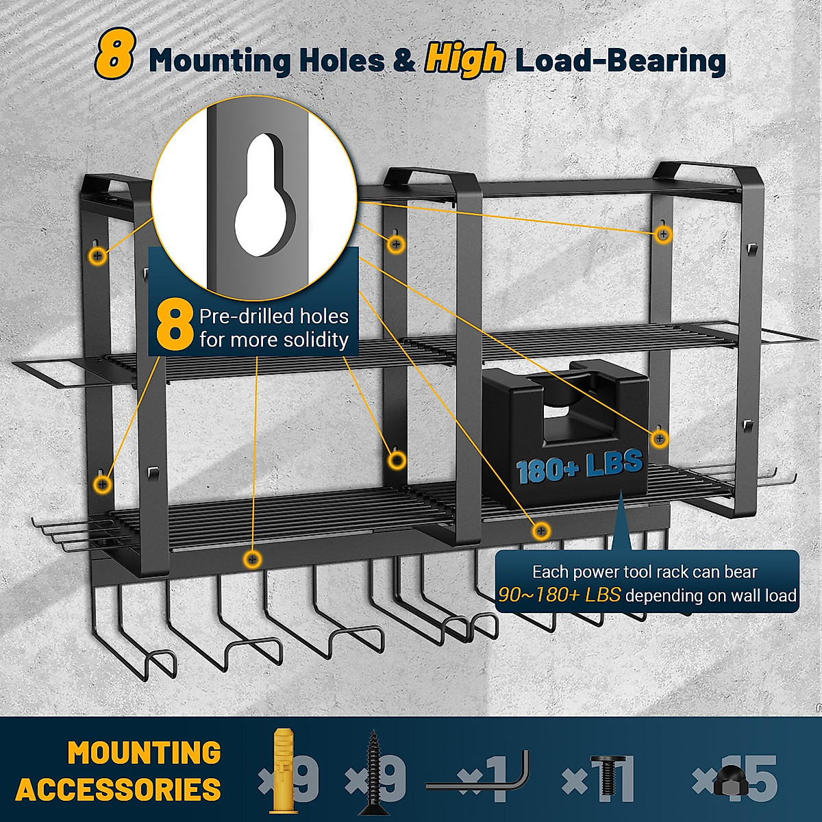ACOSIY Power Tool Organizer Wall Mount with 6 Drill Holder Rack, 4 Layers Large Capacity Cordless Tool Storage Organizer, 180+lbs High Load Bearing Tool Box Shelf for Garage Organization