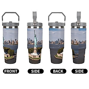 BWQJKUO Large Capacity Car Cup 30 Oz Stainless Steel Statue of Liberty in NYC Printed Travel Mug Leak-proof Flip Straw Tumbler with Handle,keeps Cold Or Ho