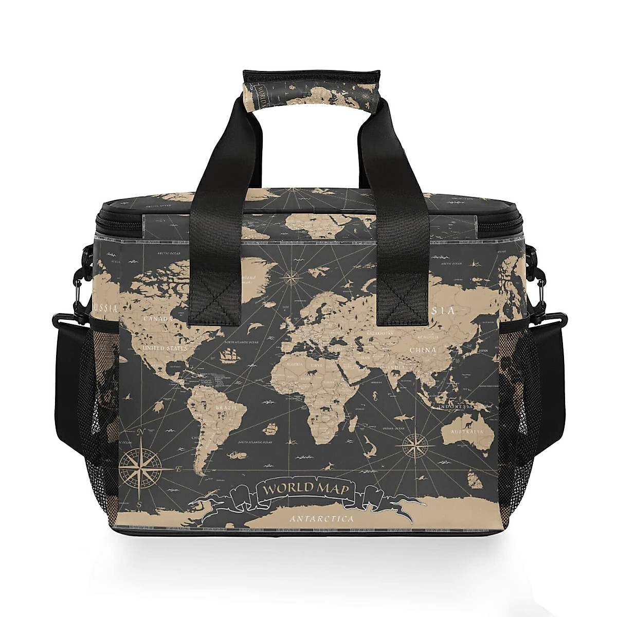 WELLDAY Lunch Bag Vintage World Map Pattern Insulated Cooler Reusable Lunch Box with Shoulder Strap for Picnic Hiking