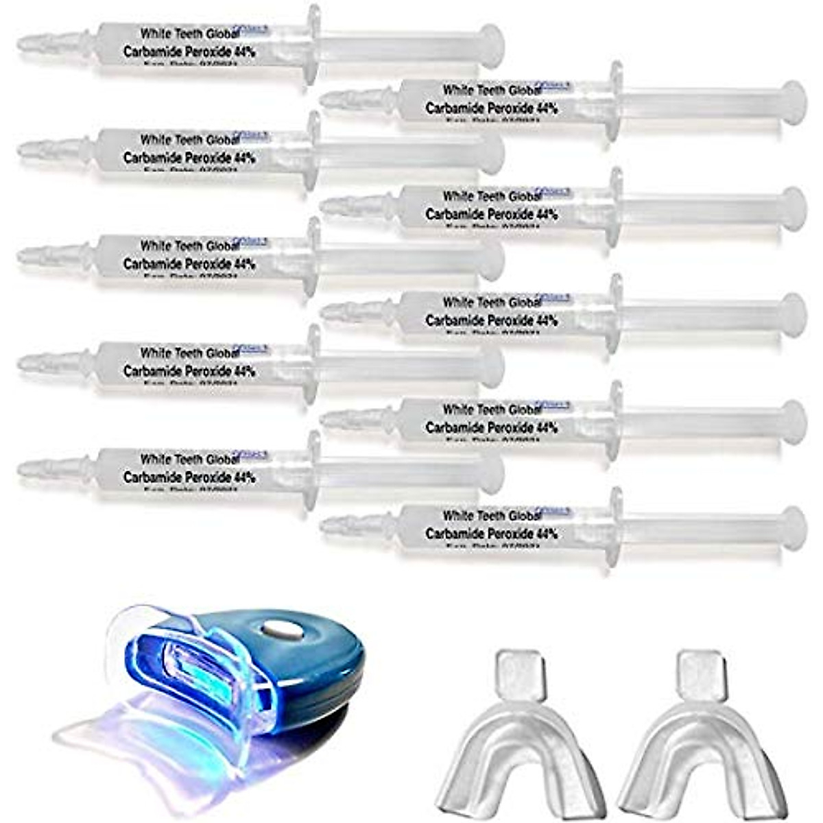 Very Strong 44% WTG Carbamide Peroxide 10 Syringes (3cc) of Teeth Whitening Gel - 1 LED Accelerator Light - 2 Trays - 1 Shade Guide -Instructions Sheet - May Cause Sensitivity and Gum Irritation
