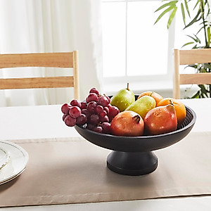 VHC Brands Ribbed Black Wooden Fruit Bowl 5.5x12x12, Kitchen Decor, Decorative Wooden Pedestal Bowl, Perfect Centerpiece for Table, Island, or Counter