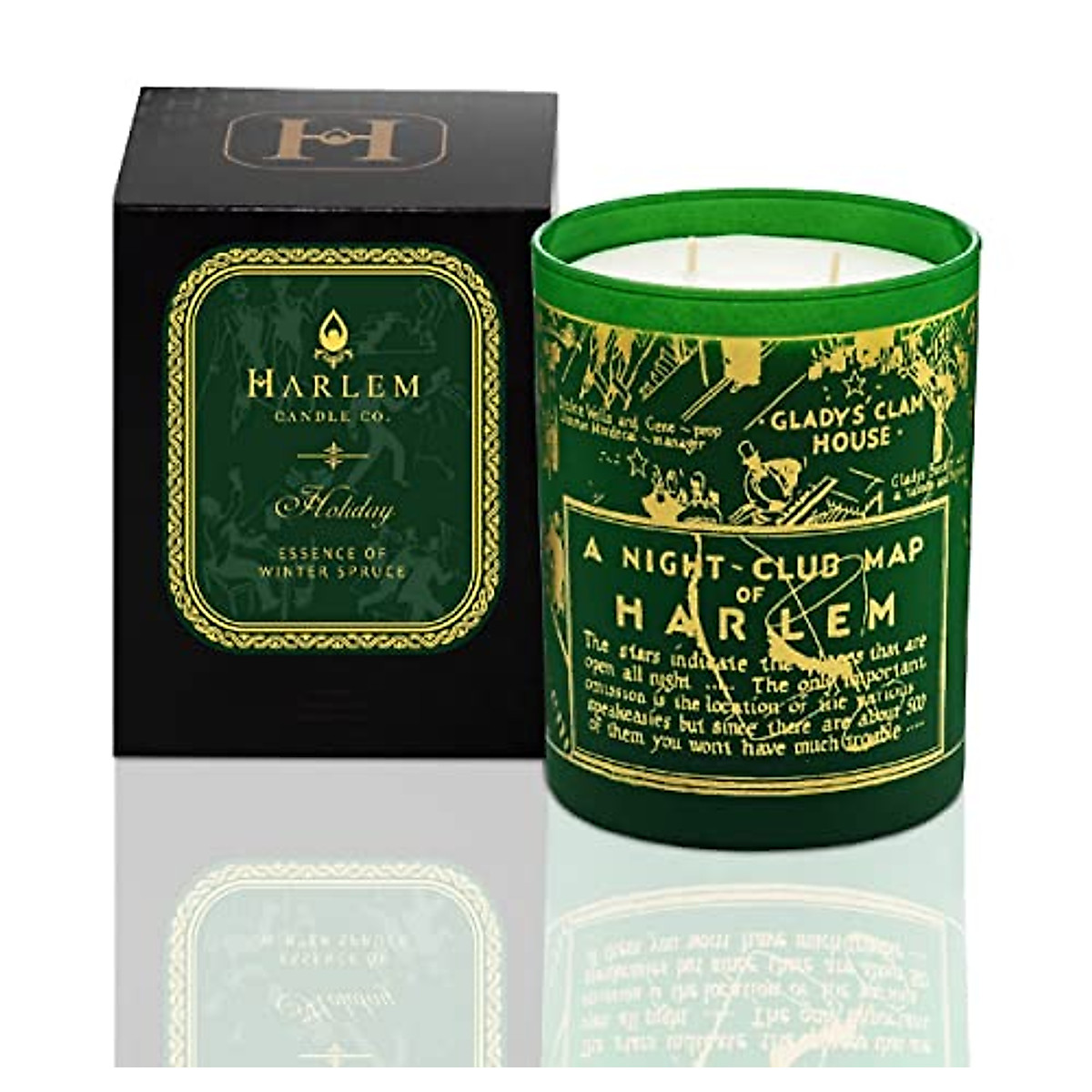 Harlem Candle Company Holiday Map Luxury Candle, 12 oz Green Glass Jar with Harlem Map Print, Double Wick, Soy Wax, Gift Box, Winter-Fresh Fir, Pine Needles and Mint-Infused Eucalyptus