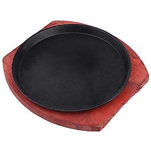 Sizzling Plate With Wooden Base: Cast Iron Steak Plate Metal Steak Serving Platters Teppanyaki Plate Use or Restaurant Supply(Grill Pan Size:19cm/7.4inch)