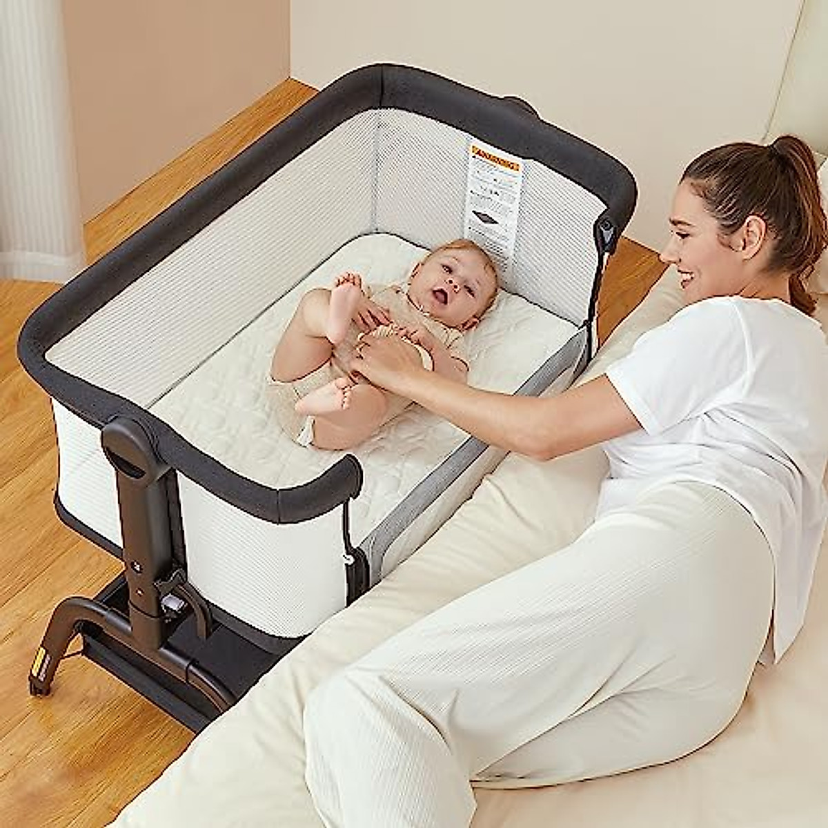 BabyBond Baby Bassinet, 3 in 1 Bassinet Bedside Sleeper with Soft Mattress and Sheet, 6 Height Adjustable Cosleeper Bedside Crib, 4-Sided Mesh Bedside Bassinet for Baby
