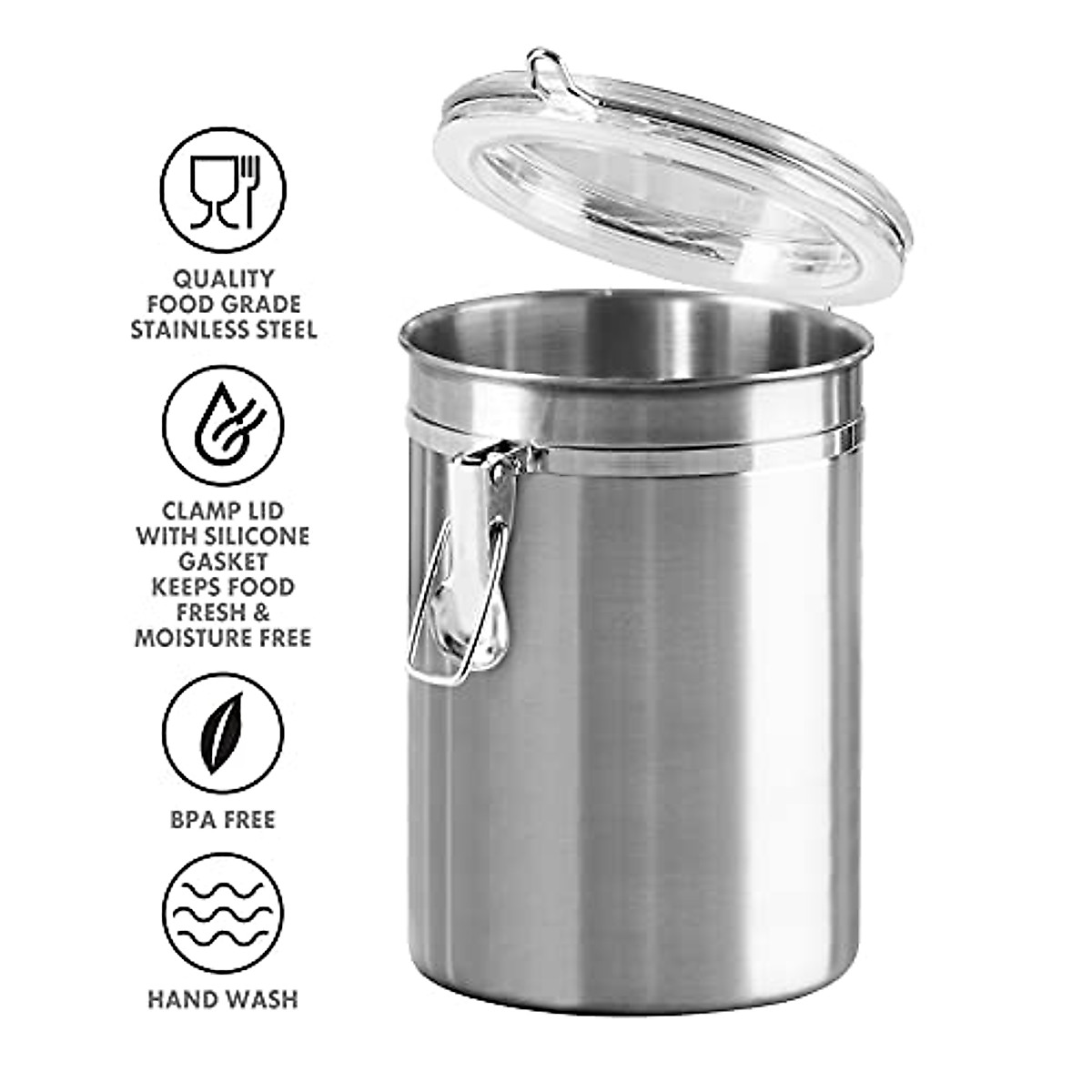 Oggi Stainless Steel Kitchen Canister 62 fl oz - Airtight Clamp Lid, Clear See-Thru Top - Ideal for Kitchen Storage, Food Storage, Pantry Storage. Large Size 5" x 7.5".