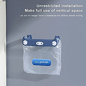 Kitchen Wall Hooks Rack Rail,Over The Cabinet Plastic Bag Holder,Trash Bag Holder Cartoon Pig Style Punch Free Sturdy Durable PP Space Saving Wall Mounted Utensil Hanger(blue)